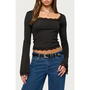 EDIKTED Lace Trim Bell Sleeve Crop Top