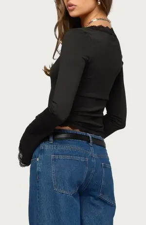 EDIKTED Lace Trim Bell Sleeve Crop Top
