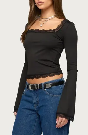 EDIKTED Lace Trim Bell Sleeve Crop Top