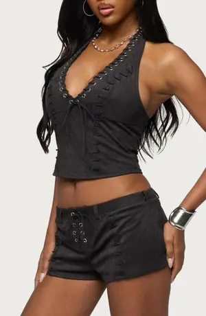 EDIKTED Faux Suede Halter Top - Dark-gray