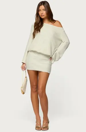 EDIKTED Sequin One-shoulder Knit Mini Dress - Cream