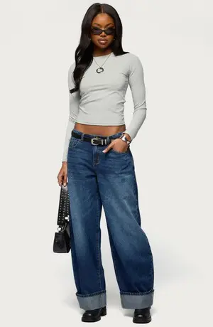 EDIKTED Long Sleeve Crop Top - Gray