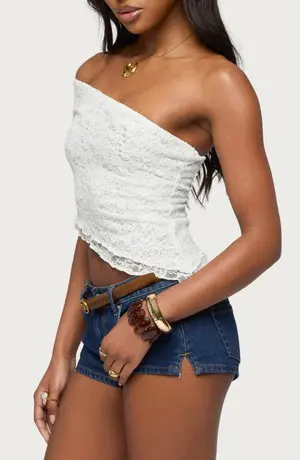 EDIKTED Asymmetric One-shoulder Lace Top - White