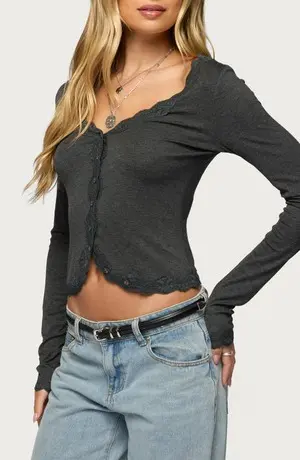 EDIKTED Lace Trim Button-up Crop Top - Dark-gray