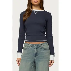EDIKTED Contrast Trim Cotton Blend Waffle Top - Navy