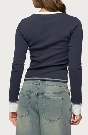 EDIKTED Contrast Trim Cotton Blend Waffle Top - Navy
