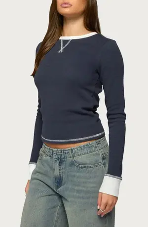 EDIKTED Contrast Trim Cotton Blend Waffle Top - Navy