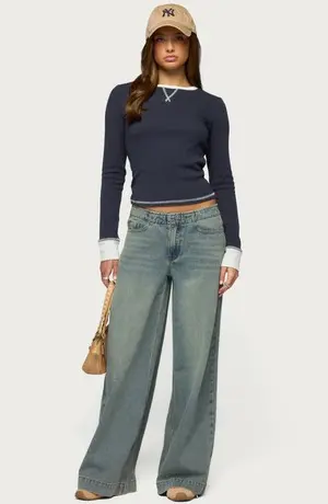 EDIKTED Contrast Trim Cotton Blend Waffle Top - Navy