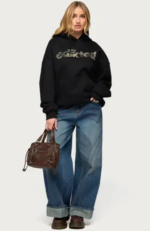 EDIKTED Oversized Hoodie With Camouflage Logo - Black