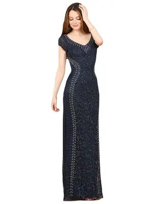 LARA NEW YORK Beaded Mermaid Cap Sleeve Gown - Navy
