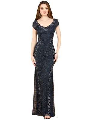 LARA NEW YORK Beaded Mermaid Cap Sleeve Gown - Navy