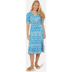 YUMI Geometric Print Puff Sleeve Midi Dress - Blue