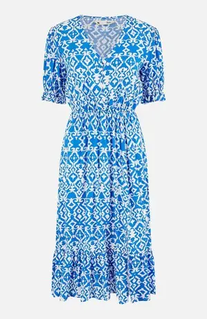 YUMI Geometric Print Puff Sleeve Midi Dress