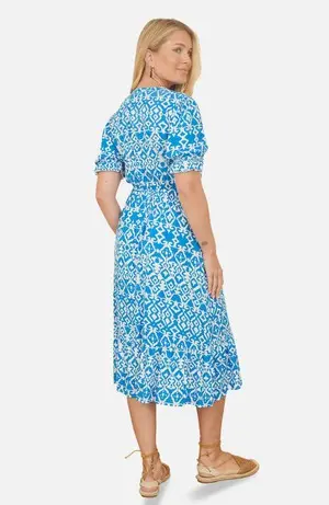 YUMI Geometric Print Puff Sleeve Midi Dress