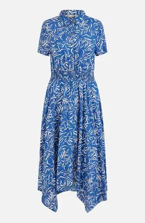 YUMI Printed Midi Shirt Dress With Ruching - Blue
