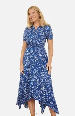 YUMI Printed Midi Shirt Dress With Ruching - Blue