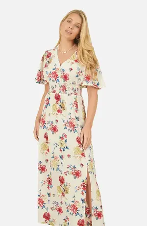 YUMI Ruched Waist V-neck Midi Dress