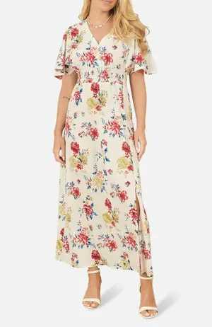 YUMI Ruched Waist V-neck Midi Dress