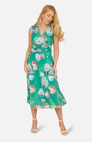 YUMI Blossom Print Stretch Mesh Midi Dress - Green