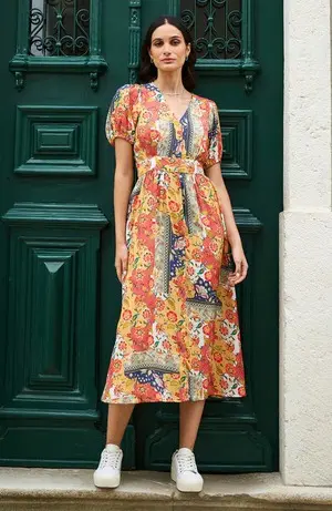 YUMI Floral Patchwork Print Midi Shirt Dress