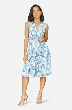 YUMI Floral Wrap Skater Midi Dress - Blue