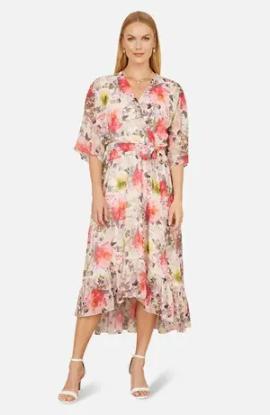 YUMI Floral Ruffle-hem Wrap Midi Dress - Ivory
