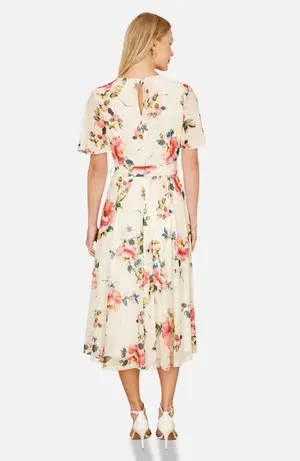 YUMI Floral Print Mesh Midi Dress With Angel Sleeves