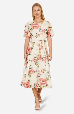 YUMI Floral Print Mesh Midi Dress - Ivory