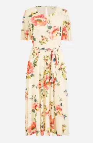 YUMI Floral Print Mesh Midi Dress - Ivory