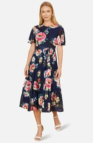 YUMI Yumi Floral Print Mesh Midi Dress Navy