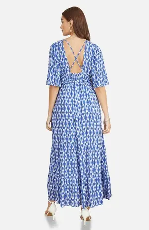 YUMI Printed Maxi Dress With Cross Over Back