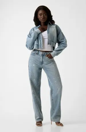 Guess Anna Distressed Crop Bomber Jacket - Denim