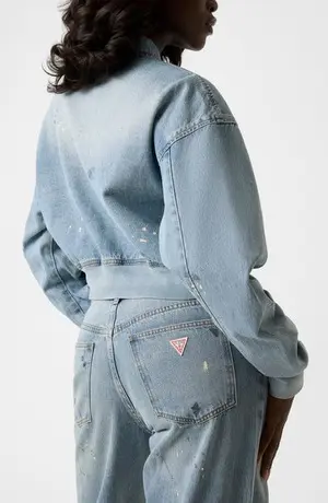 Guess Anna Distressed Crop Bomber Jacket - Denim