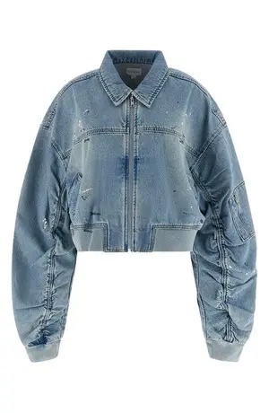 Guess Anna Distressed Crop Bomber Jacket - Denim