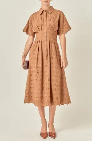 English Factory Eyelet Cinched Waist Midi Shirtdress - Brown