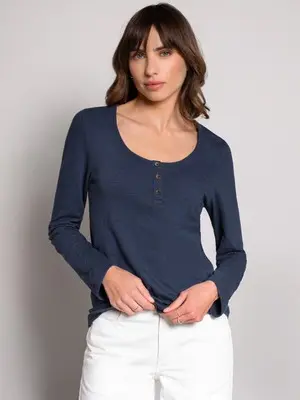 CELTIC & CO. Slub Jersey Scoop Neck Henley Top - Dark Navy