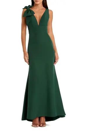 Mac Duggal Sleeveless V-neck Bow Detail Mermaid Gown - Emerald