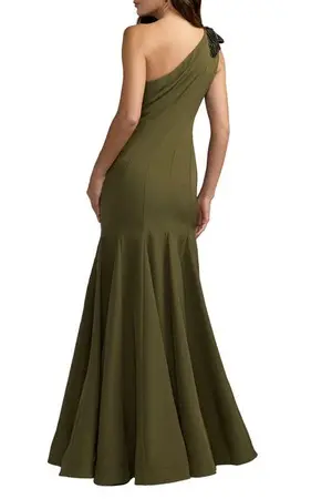 Mac Duggal Petite Crepe One-shoulder Gown - Olive