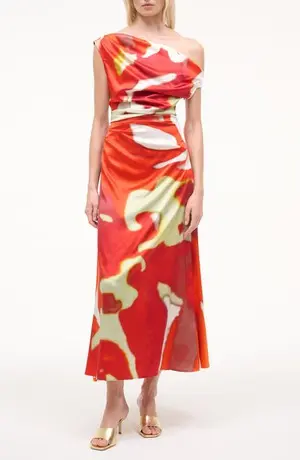 Staud Abstract Print One-shoulder Stretch Silk Dress - Red Zone