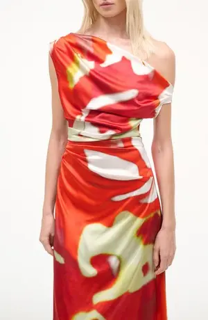 Staud Abstract Print One-shoulder Stretch Silk Dress - Red Zone