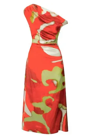 Staud Abstract Print One-shoulder Stretch Silk Dress - Red Zone