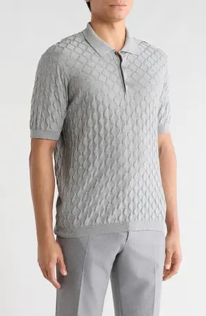 JACK VICTOR Dylan Cotton & Silk Jacquard Polo Sweater - Grey
