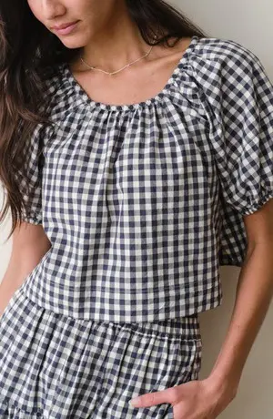 Marine Layer Gia Poplin Top - Navy Gingham