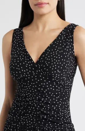Loveappella Polka Dot Ruched Maxi Dress - Black