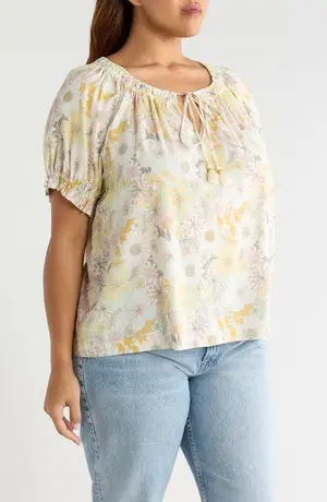 LIVERPOOL Floral Gathered Split Neck Top