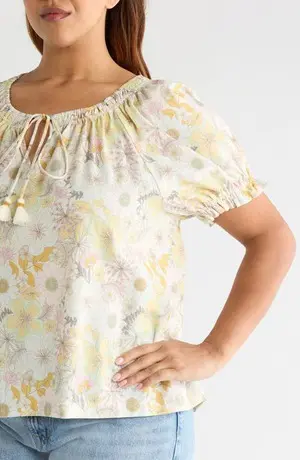 LIVERPOOL Floral Gathered Split Neck Top