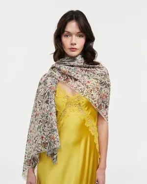 FABLE ENGLAND Garden Floral Lightweight Long Scarf - Light Beige