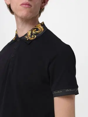 Versace Cotton Polo Shirt With Baroque Print Collar - Black