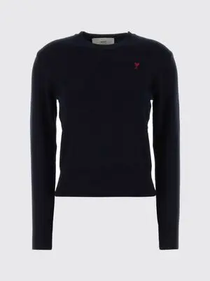 AMI Paris Wool Crew Neck Sweater With Embroidered Logo - Navy