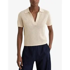 REISS Pippa Open-stitch Woven Polo Shirt - Ivory